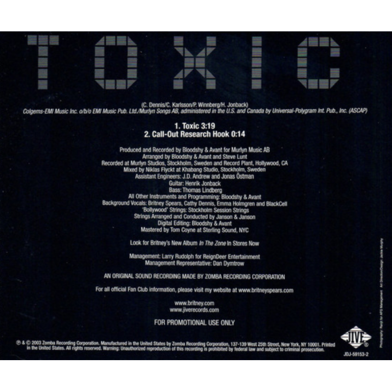 "Toxic" 2-tracks Promo CD (USA)
